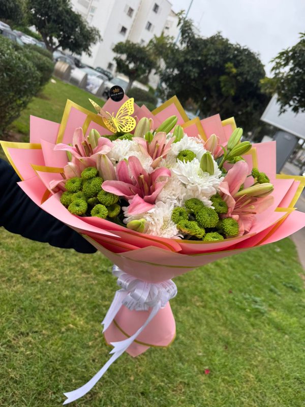 Blush Pink Lily, White Mums & Green Button Chrysanthemums Bouquet ...